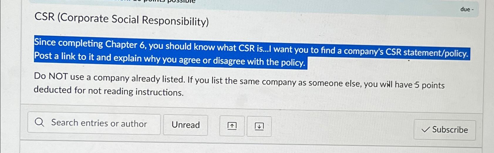 Solved CSR (Corporate Social Responsibility)Since completing | Chegg.com