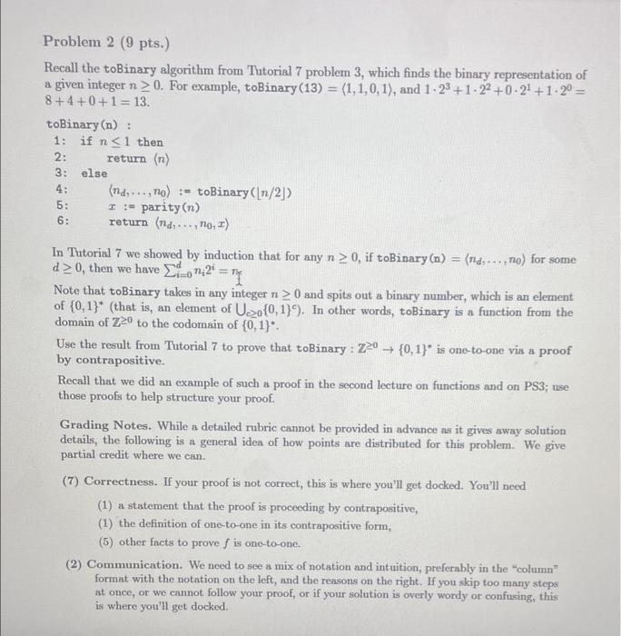Solved Problem 2 (9 pts.) Recall the toBinary algorithm from | Chegg.com