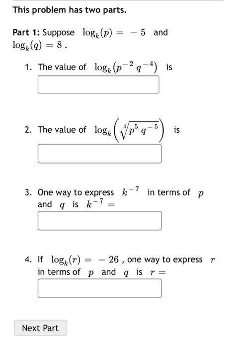 Solved This problem has two parts. Part 1: Suppose log (p) - | Chegg.com