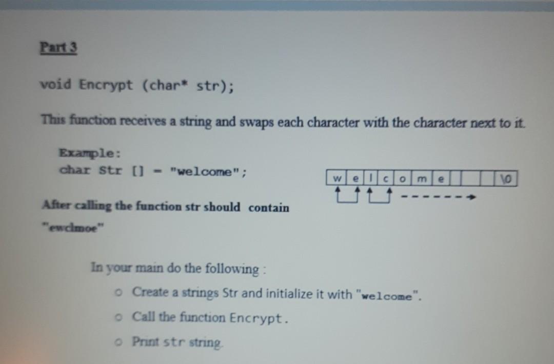 Solved Part 3 void Encrypt (char* str); This function | Chegg.com