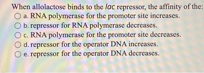 Solved When allolactose binds to the lac repressor, the | Chegg.com