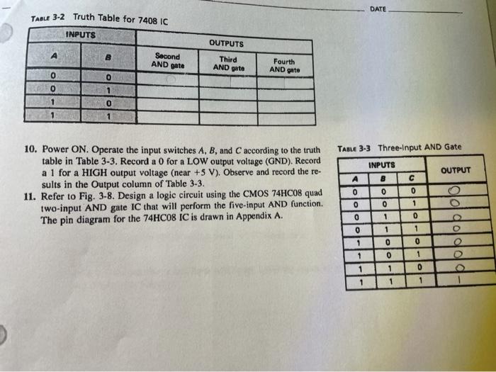Solved DATE TABLE 3-2 Truth Table for 7408 IC INPUTS OUTPUTS | Chegg.com