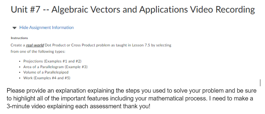Solved Unit #7 -- ﻿Algebraic Vectors and Applications Video | Chegg.com