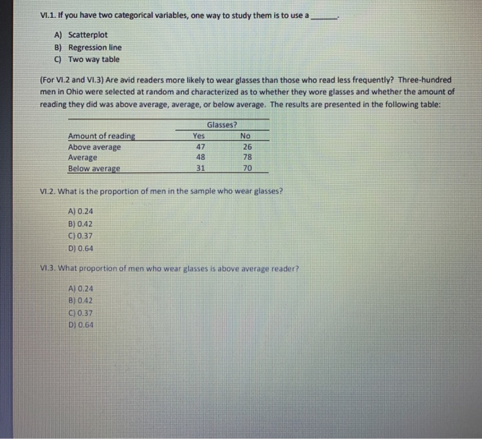 Solved VI.1. If you have two categorical variables, one way | Chegg.com