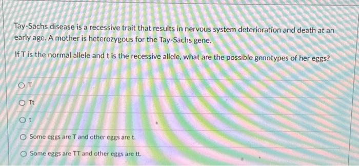 Solved Tay-Sachs disease is a recessive trait that results | Chegg.com
