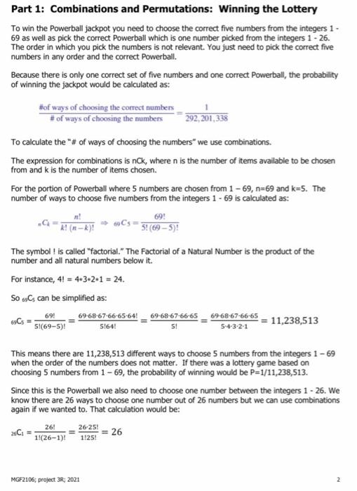 Solved Part 1: Combinations and Permutations: Winning the | Chegg.com