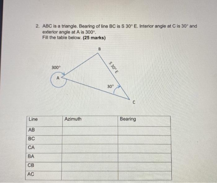 Solved 2. ABC is a triangle. Bearing of line BC is S 30° E. | Chegg.com