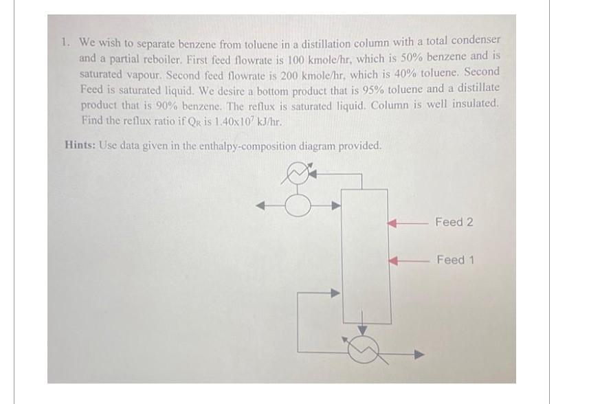 Solved 1. We wish to separate benzene from toluene in a | Chegg.com