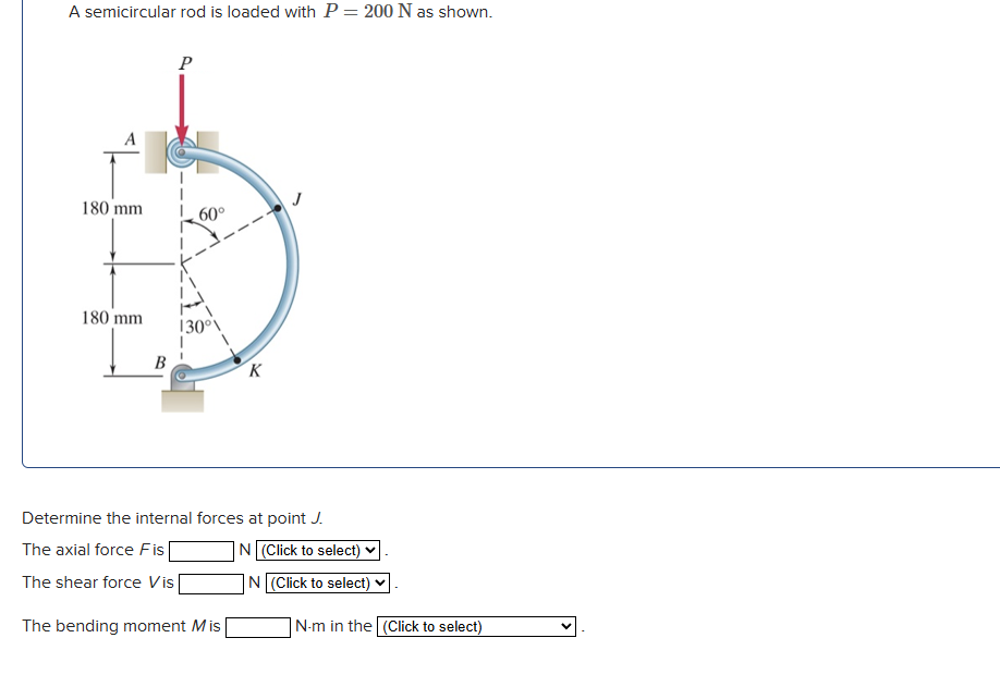 Solved A semicircular rod is ﻿loaded with P=200N as | Chegg.com