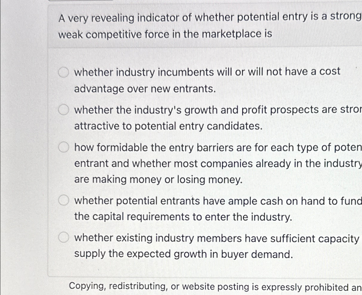 Solved A very revealing indicator of whether potential entry | Chegg.com