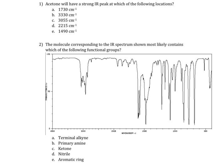 Solved 1) Acetone will have a strong IR peak at which of the | Chegg.com