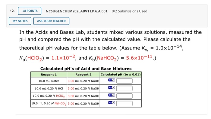 Solved |-/8 POINTS NCSUGENCHEM202LABV1 LP.6.A.001. 0/2 | Chegg.com