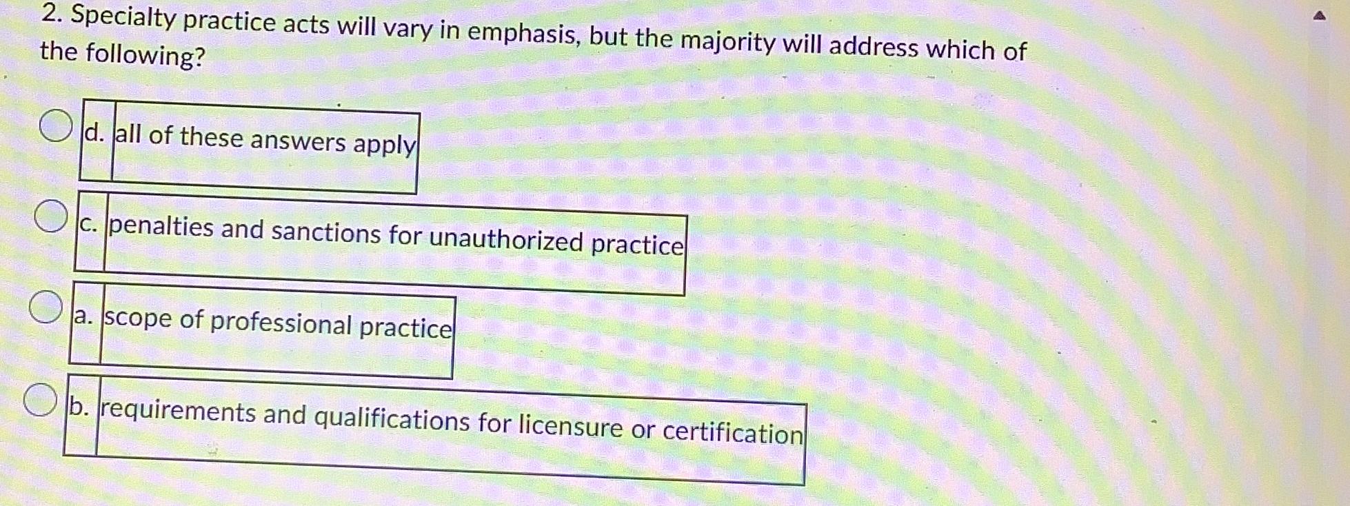 Solved Specialty practice acts will vary in emphasis, but | Chegg.com