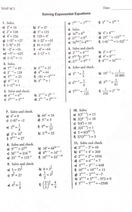 Solved MAP 4C1 Date: Solving Exponential Equations b) 3' - | Chegg.com