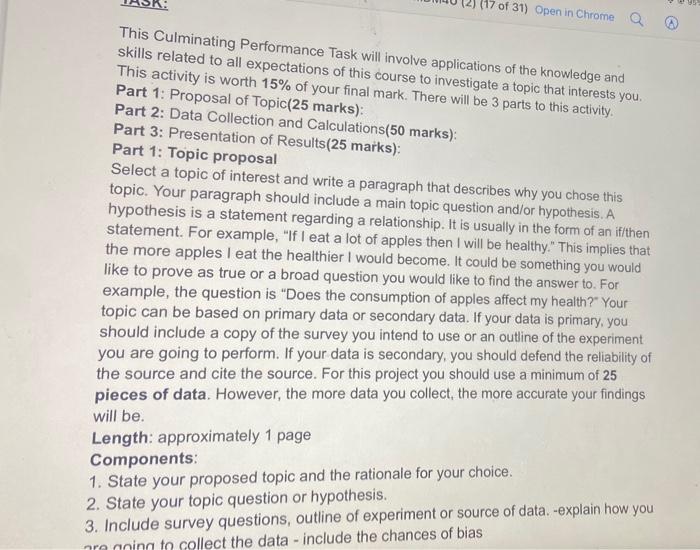 Solved This Culminating Performance Task will involve | Chegg.com