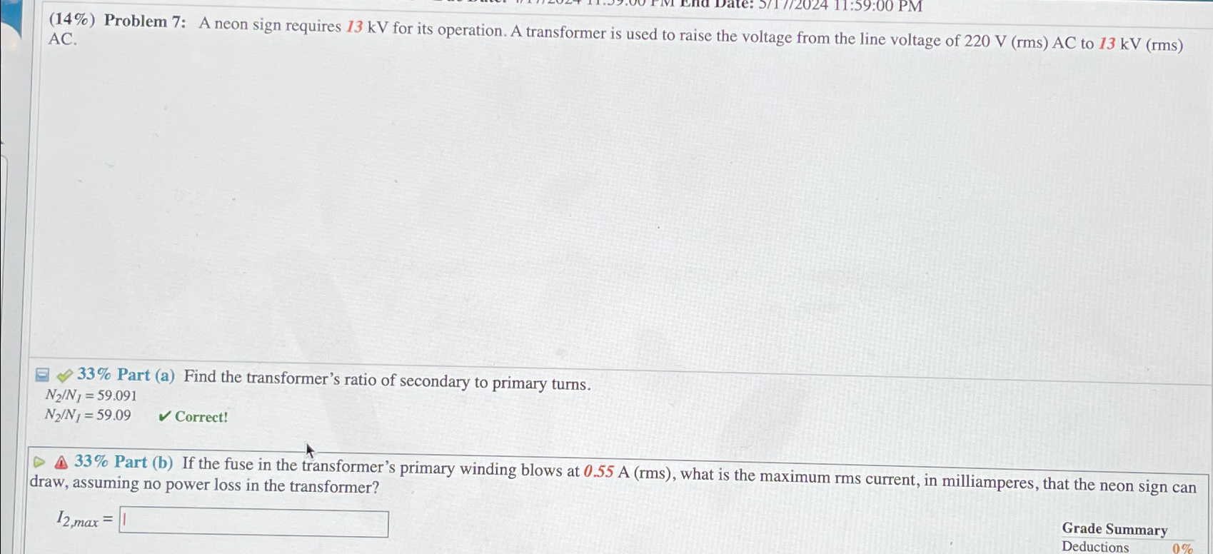 Solved (14%) ﻿Problem 7: A neon sign requires 13kV ﻿for its | Chegg.com
