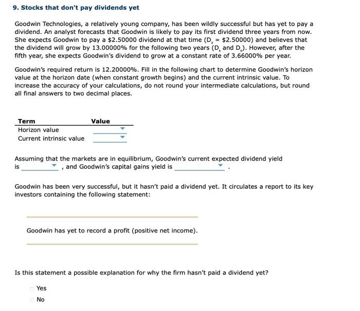 Solved 9. Stocks that don't pay dividends yet Goodwin | Chegg.com