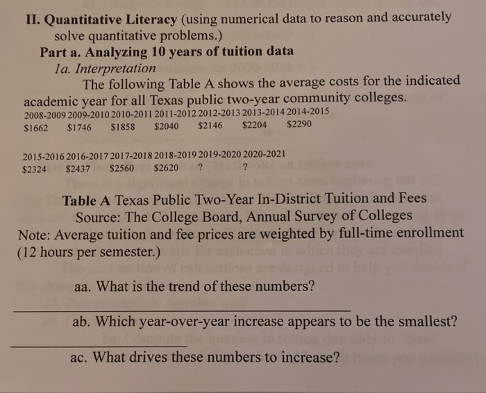 Solved II. Quantitative Literacy (using numerical data to | Chegg.com