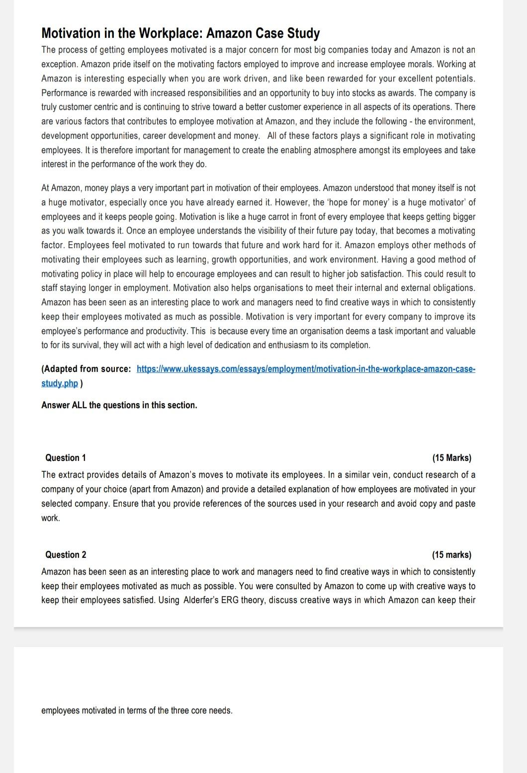 Solved Motivation in the Workplace: Amazon Case Study The | Chegg.com