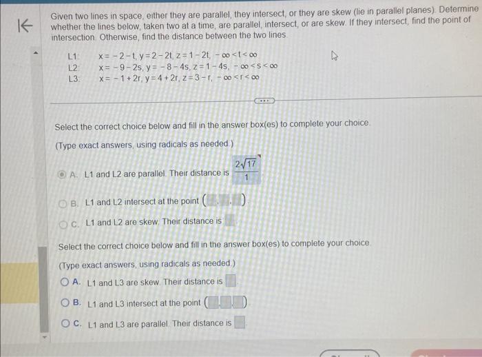 Solved Given two lines in space, elther they are parallel, | Chegg.com