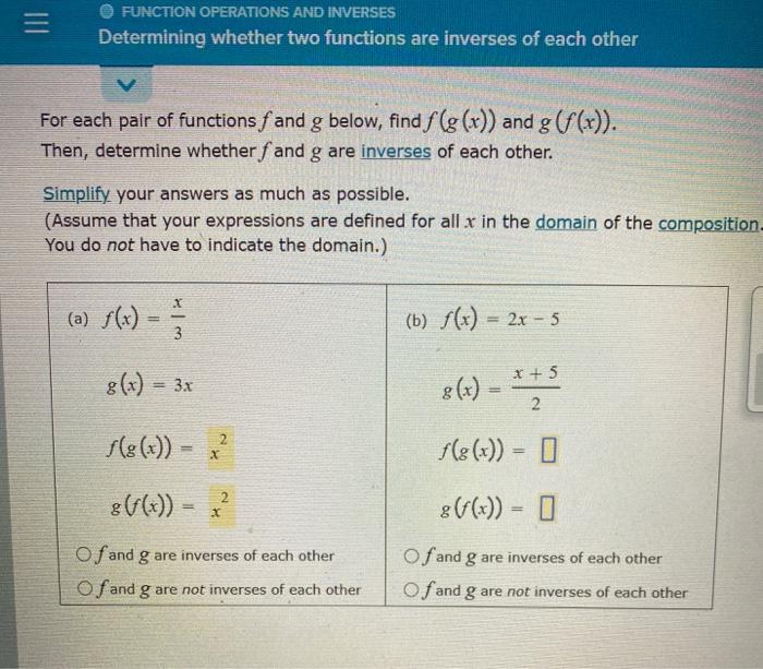Solved = FUNCTION OPERATIONS AND INVERSES Determining | Chegg.com Solved = FUNCTION OPERATIONS AND INVERSES Determining | Chegg.com