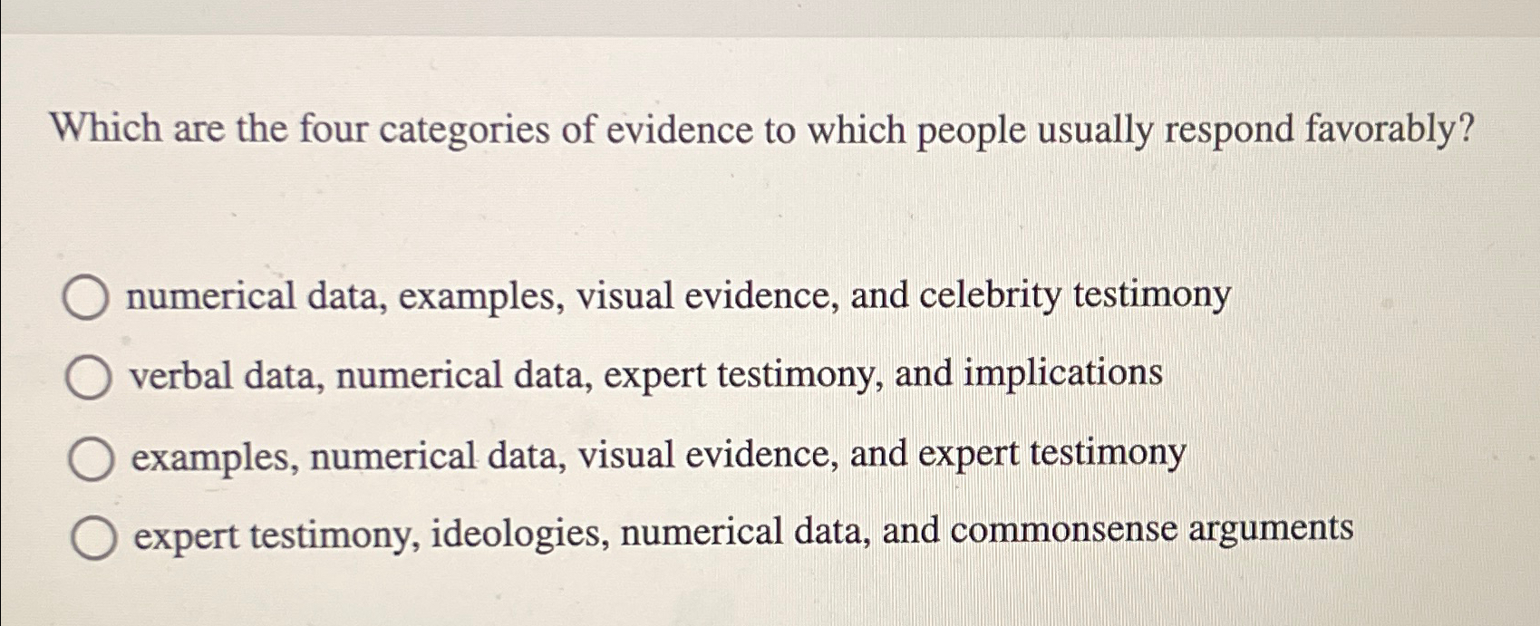 Solved Which are the four categories of evidence to which | Chegg.com