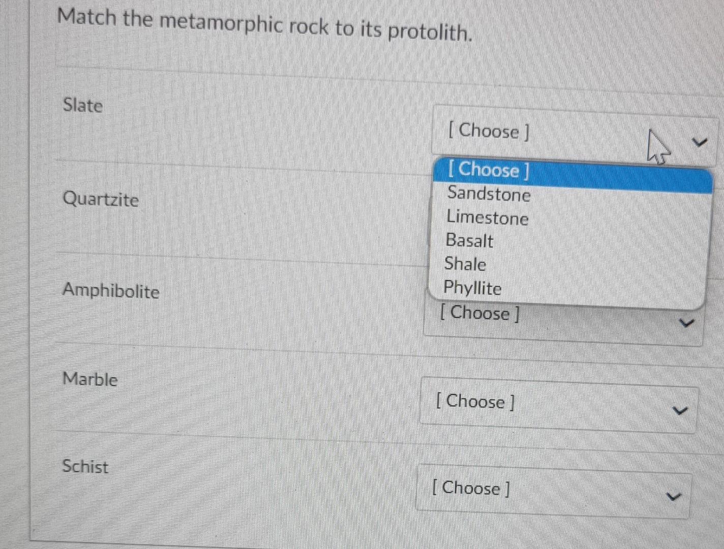 Solved Match the metamorphic rock to its protolith. Slate [ | Chegg.com