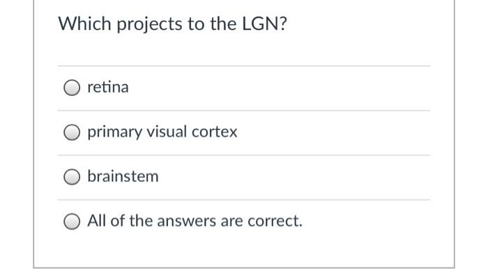 Solved Which projects to the LGN? retina primary visual | Chegg.com