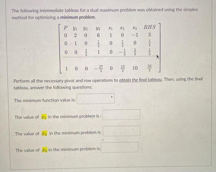Solved The following intermediate tableau for a dual maximum | Chegg.com