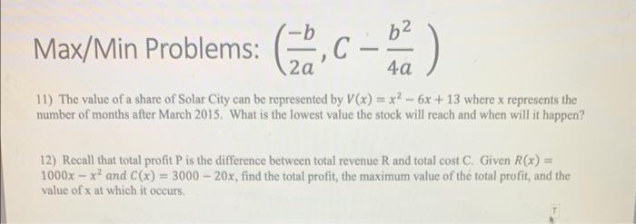 Solved Max/Min Problems: (2a−b,C−4ab2) 11) The value of a | Chegg.com