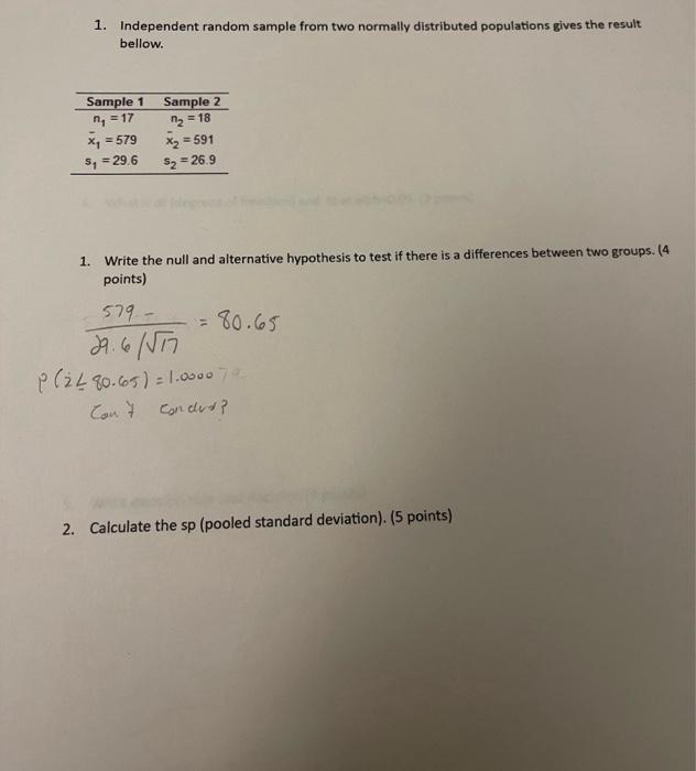 Solved 1. Independent random sample from two normally | Chegg.com