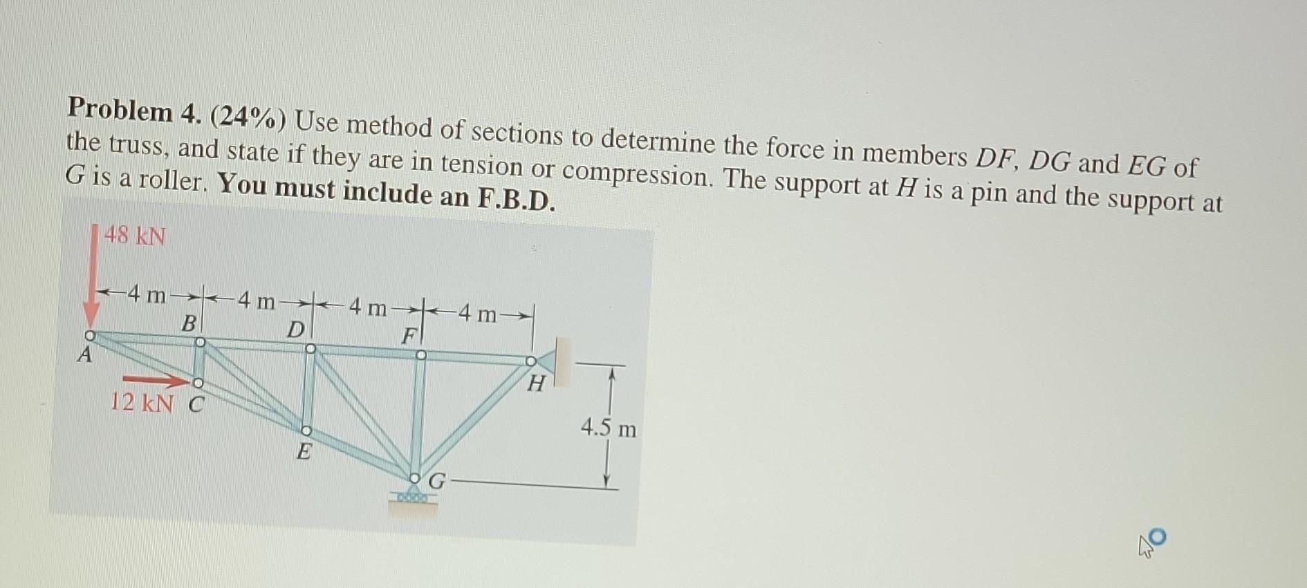 Solved Problem 4. (24\%) Use method of sections to determine | Chegg.com
