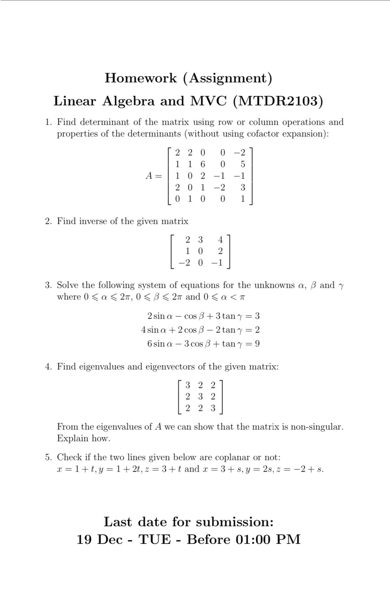 Solved Homework (Assignment)Linear Algebra and MVC | Chegg.com