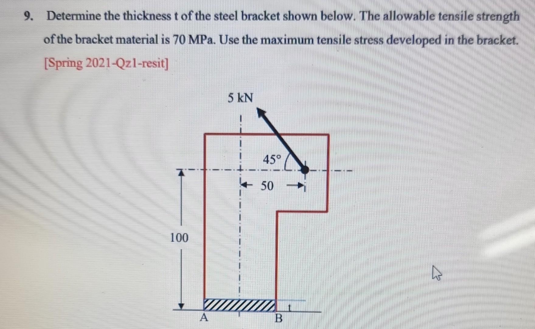 Solved 9. Determine the thickness t of the steel bracket | Chegg.com