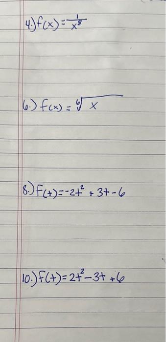 Solved 4.) f(x)=x81 6.) f(x)=6x 8.) f(t)=−2t2+3t−6 10.) | Chegg.com