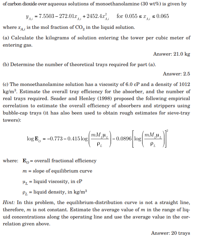 Solved 5.9b. ﻿Absorption of carbon dioxide in a bubble-cap | Chegg.com