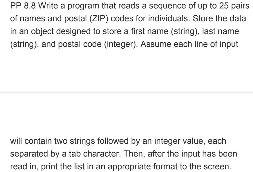 Solved JAVA Write a class called NameAndZip which has 3 | Chegg.com