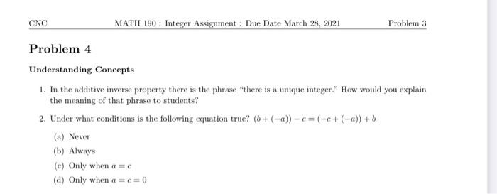 Solved CNC MATH 190 : Integer Assignment : Due Date March | Chegg.com