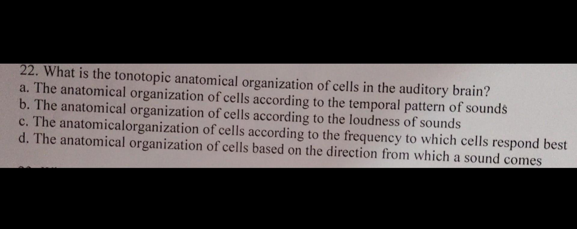 Solved 22. What is the tonotopic anatomical organization of | Chegg.com