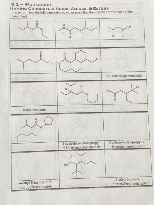Solved 3.2 - WORKSHEET NAMING CARBOXYLIC ACIDS, AMIDES, & | Chegg.com