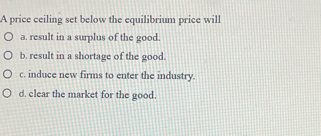 Solved A price ceiling set below the equilibrium price | Chegg.com