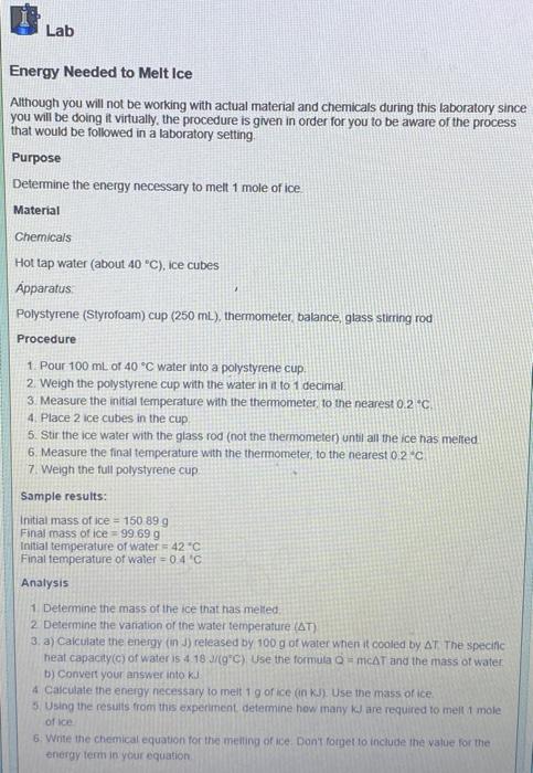 Solved Lab Energy Needed to Melt Ice Although you will not | Chegg.com