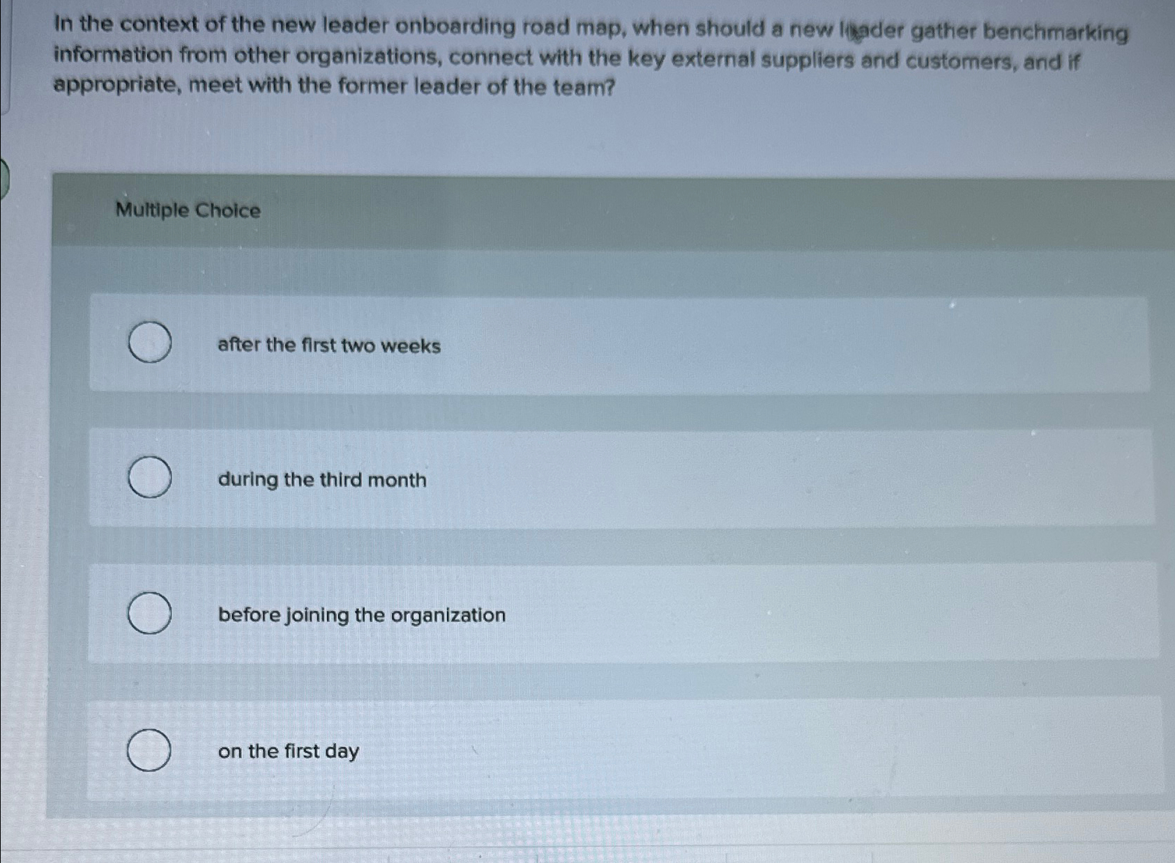 Solved In the context of the new leader onboarding road map, | Chegg.com