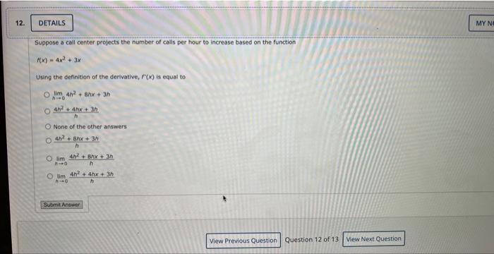 Solved f(x)=4x2+3x Using the definition of the derivative, | Chegg.com
