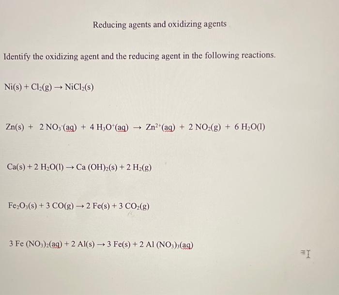 Solved Reducing agents and oxidizing agents Identify the | Chegg.com