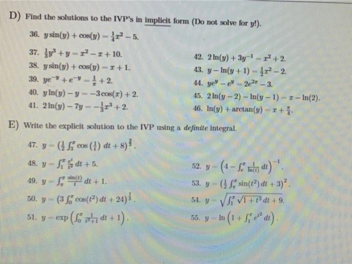 Solved D) Find the solutions to the IVP's in implicit form | Chegg.com