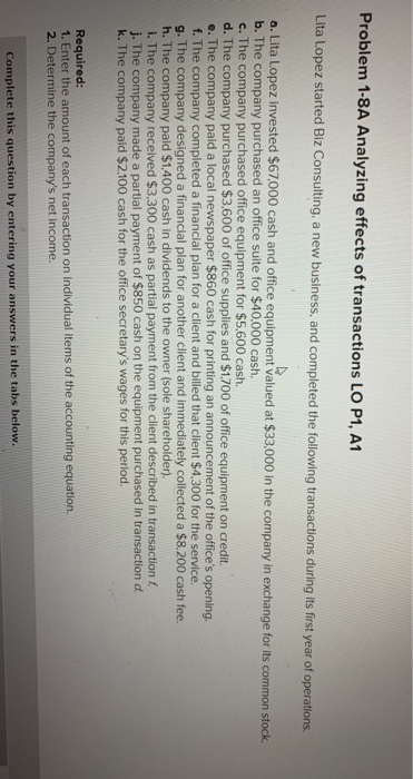 Solved Problem 1-8A Analyzing effects of transactions LO P1, | Chegg.com