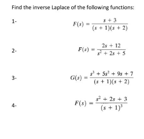 Solved Find the inverse Laplace of the following functions: | Chegg.com
