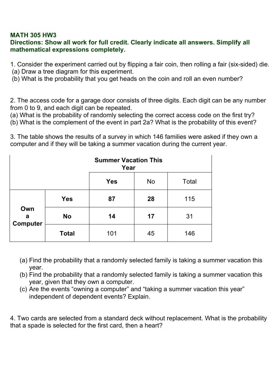 Solved MATH 305 HW3 Directions: Show all work for full | Chegg.com