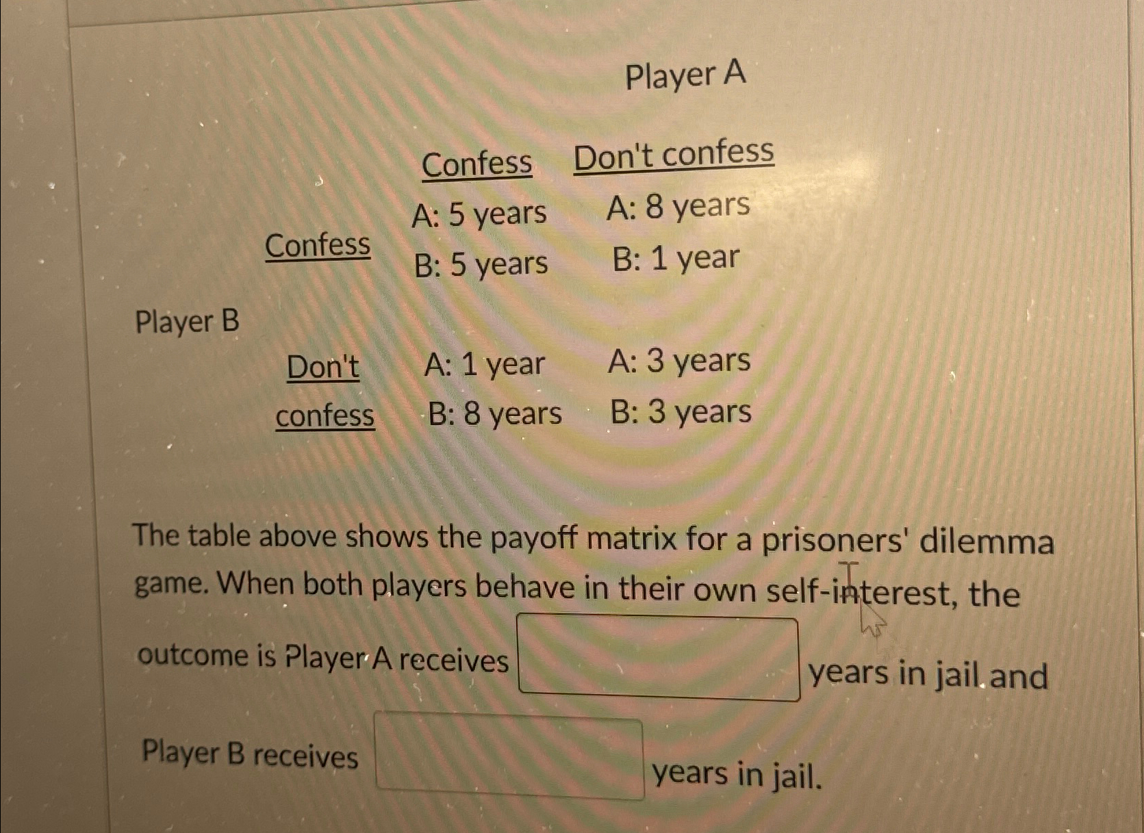 Solved Player A\table[[,Confess,Don't confess],[Player B,A: | Chegg.com